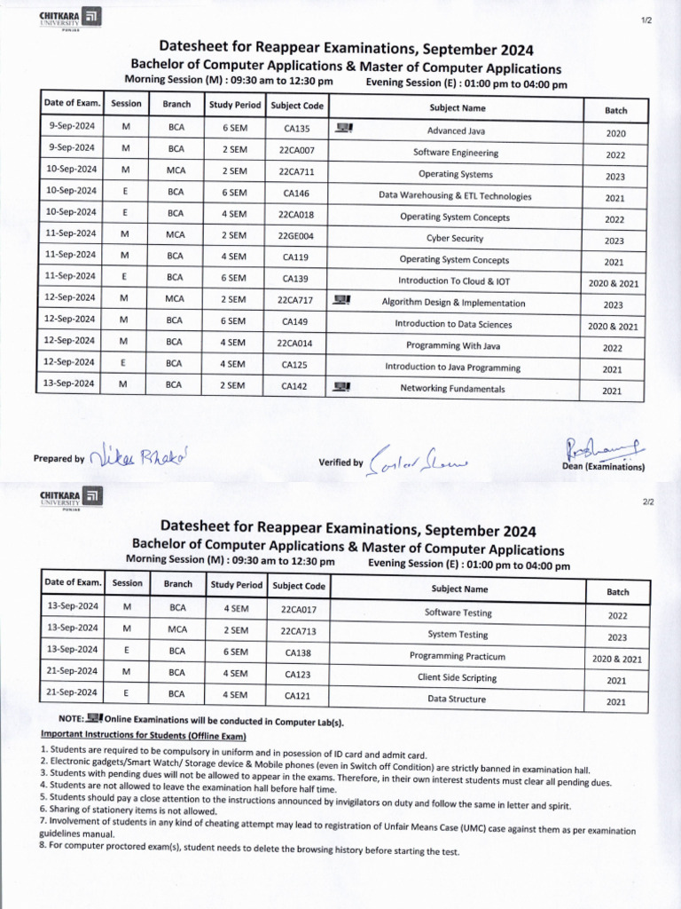 BCA MCA Even Semester Special Reappear September 2024 | PDF