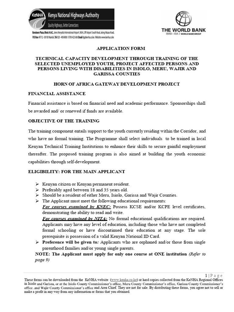 Kenha Application Form Vocational Training HoAGDP 4 | PDF