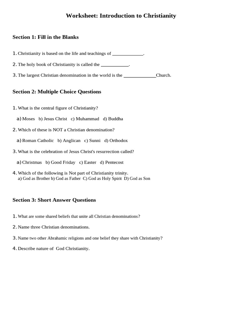 Christianity Worksheet | PDF