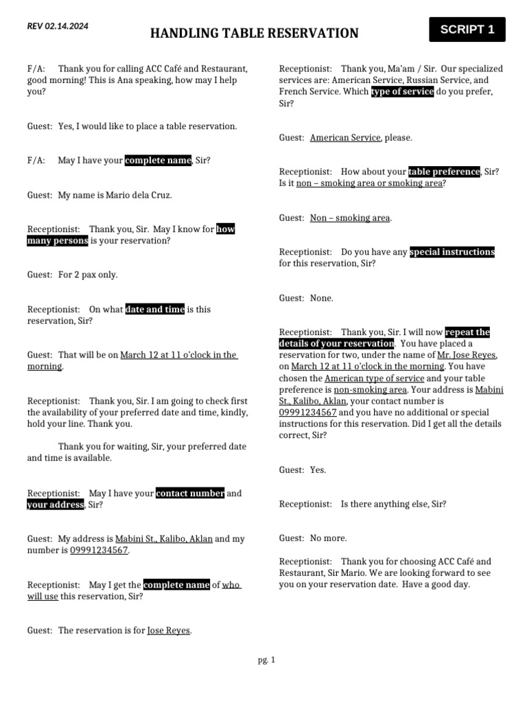 1 Handling Table Reservation - Script 1 | PDF