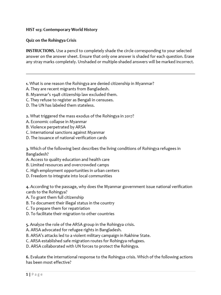 Rohingya Crisis Quiz and Analysis | PDF | Rohingya People | Refugee