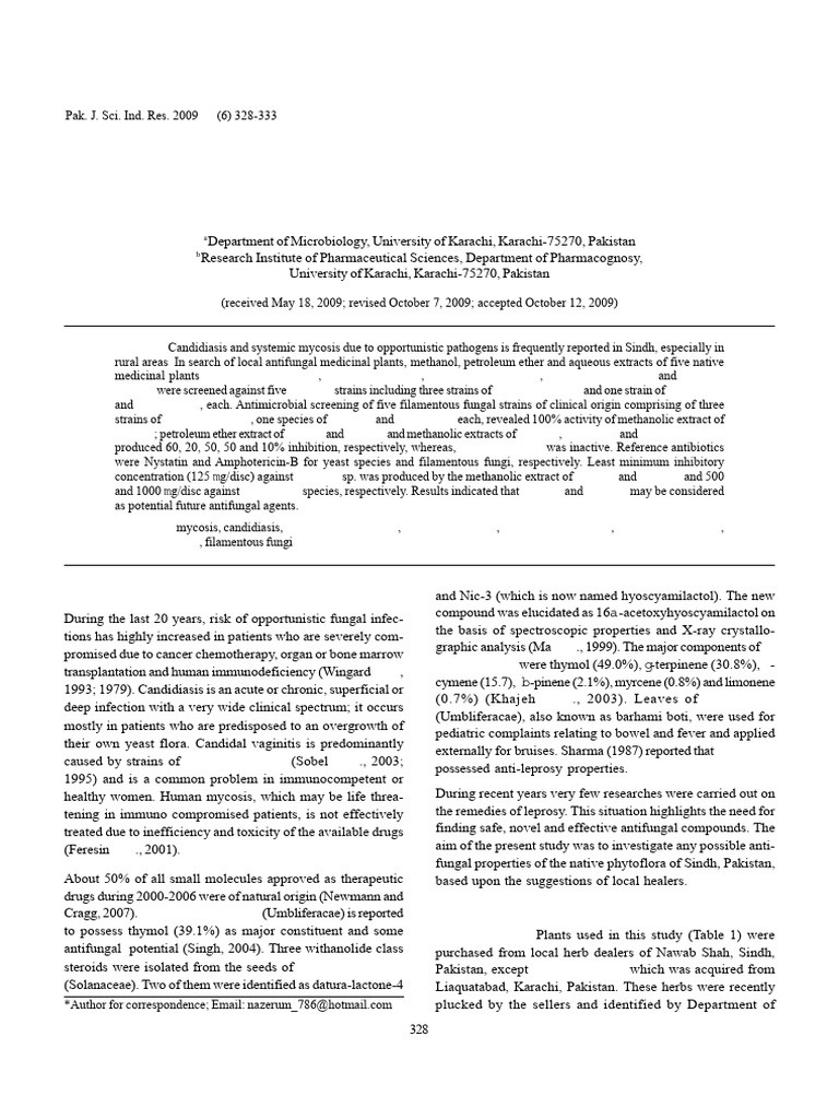 Article 10 Vol 52 Issue 6 2009 pp 328-333 | PDF | Candida (Fungus ...