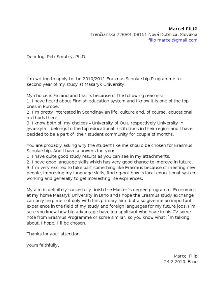 Cover Letter Erasmus