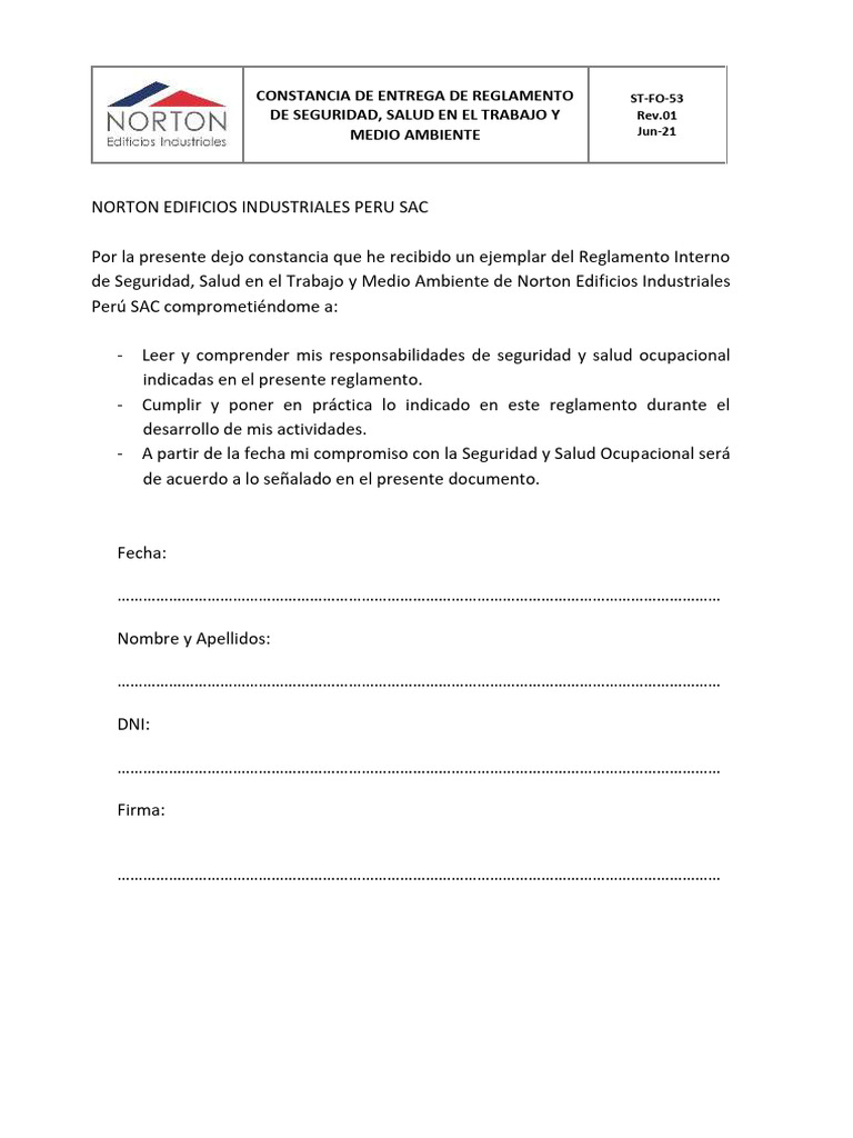 ST-FO-53 Constancia de Entrega del RISST Rev.01 (1) | PDF