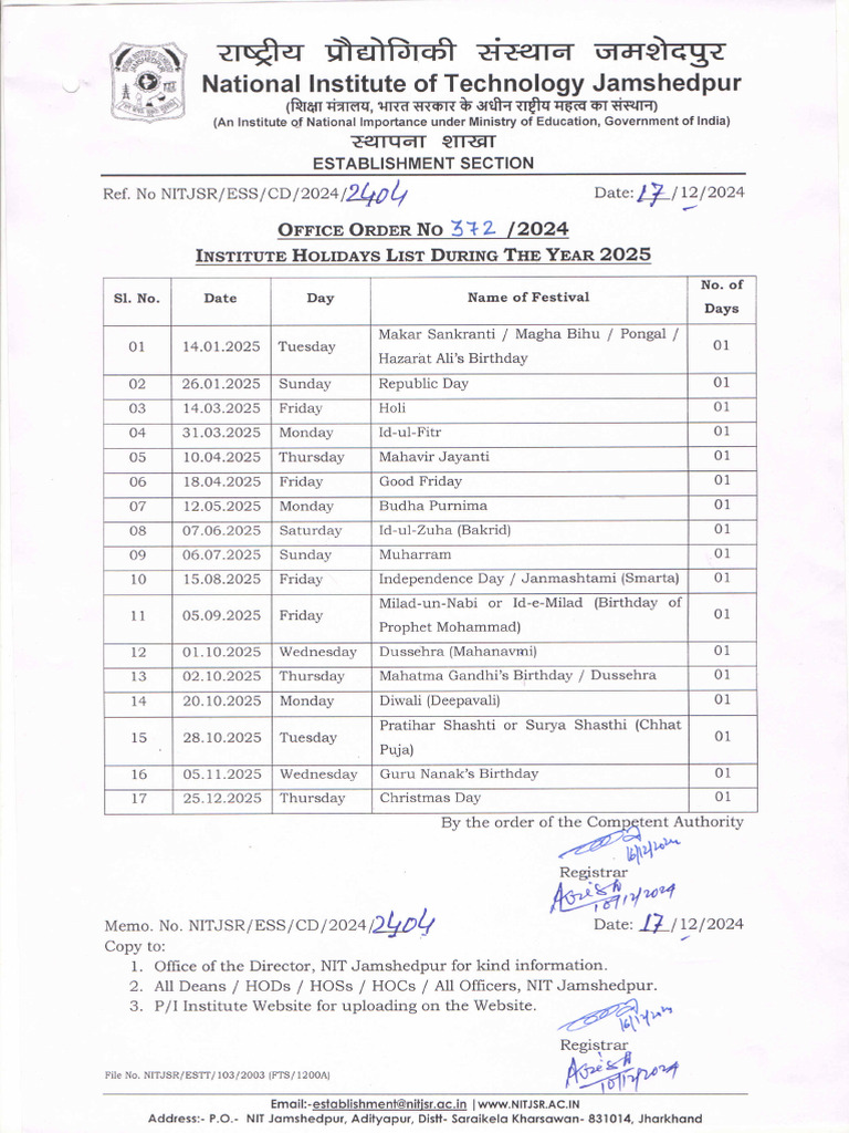 Holiday List During The Year 2025 | PDF