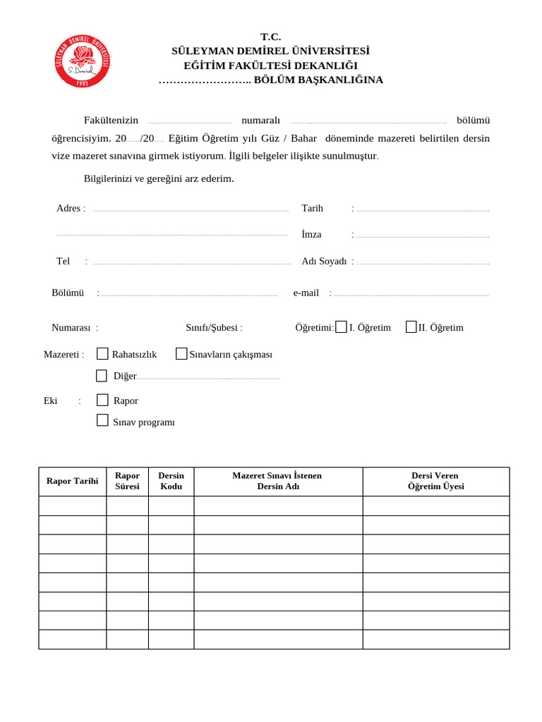 Ara Sinav Vize Mazeret Sinav Formu 01112022 | PDF