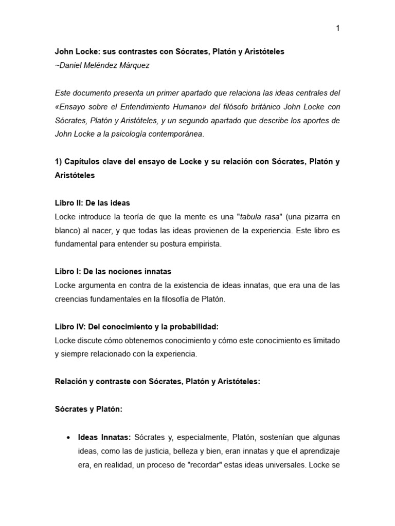 John Locke Ideas y Contrastes | PDF | Empirismo | Platón