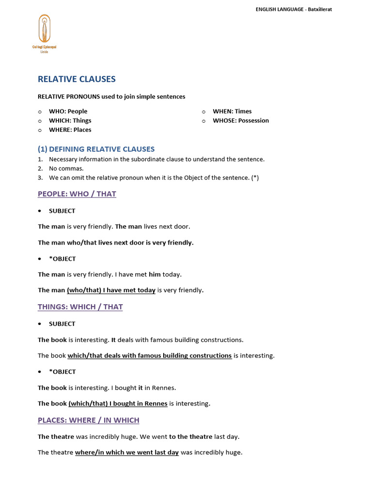 01 THEORY. Defining, Non-Defining Relative Clauses | PDF | English ...