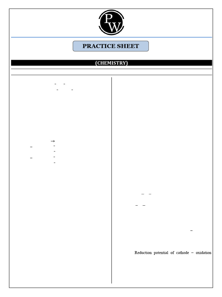 Electrochemistry - Practice Sheet | PDF | Redox | Anode