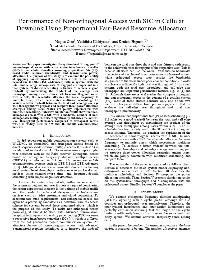 Performance of Non-Orthogonal Access With SIC in Cellular Downlink Using Proportional Fair-Based ...