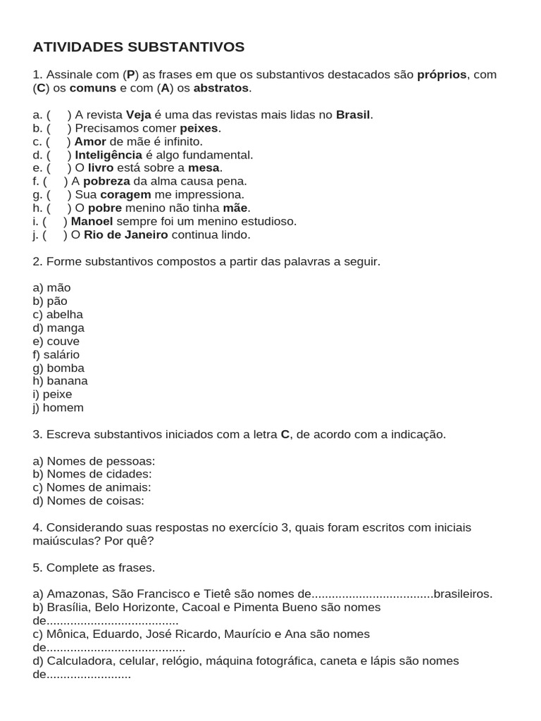 Atividades Substantivos | PDF | Adjetivo