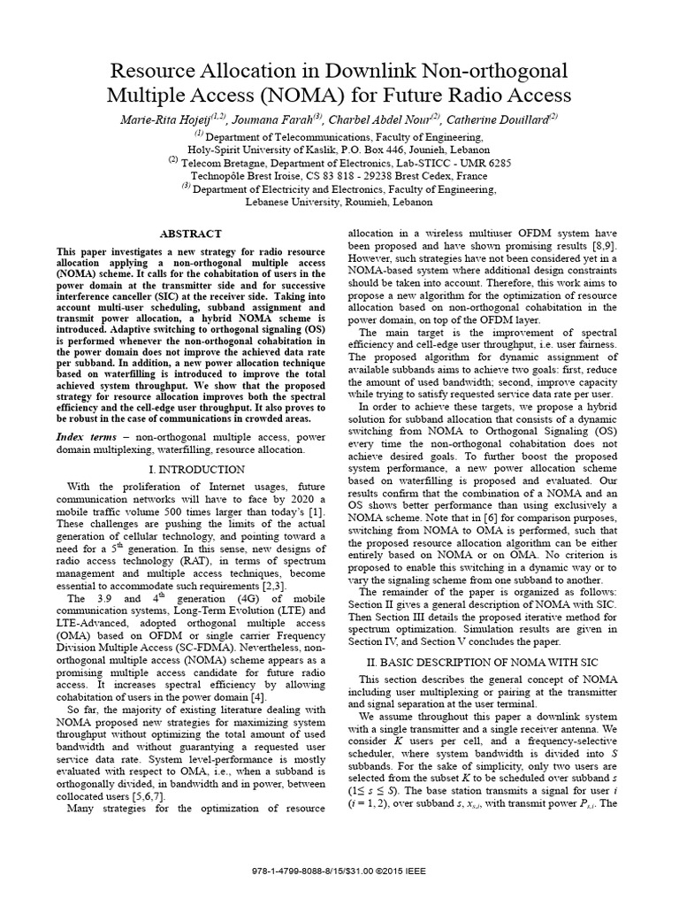 Resource Allocation in Downlink Non-Orthogonal Multiple Access For Future Radio Access | PDF ...