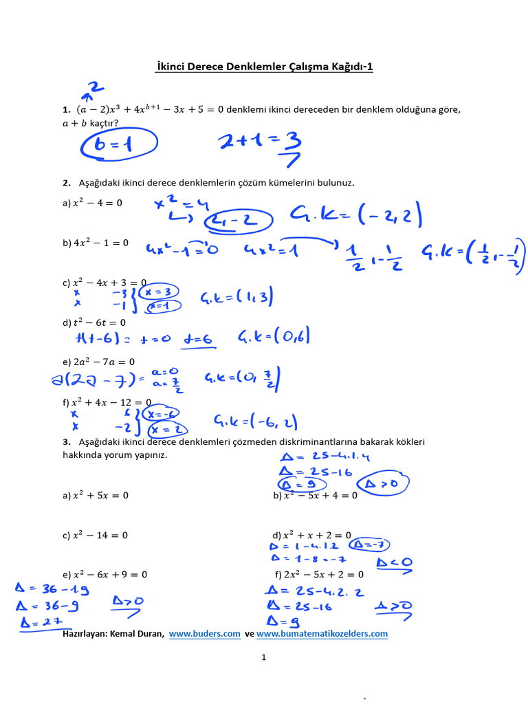 10.sinif Ikinci Derece Denklemler Calisma Sorulari | PDF