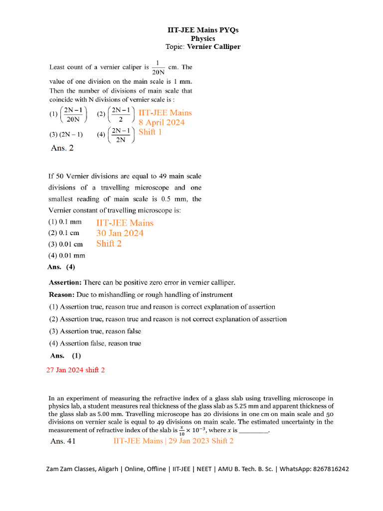 IIT JEE Mains PYQs Vernier Calliper | PDF