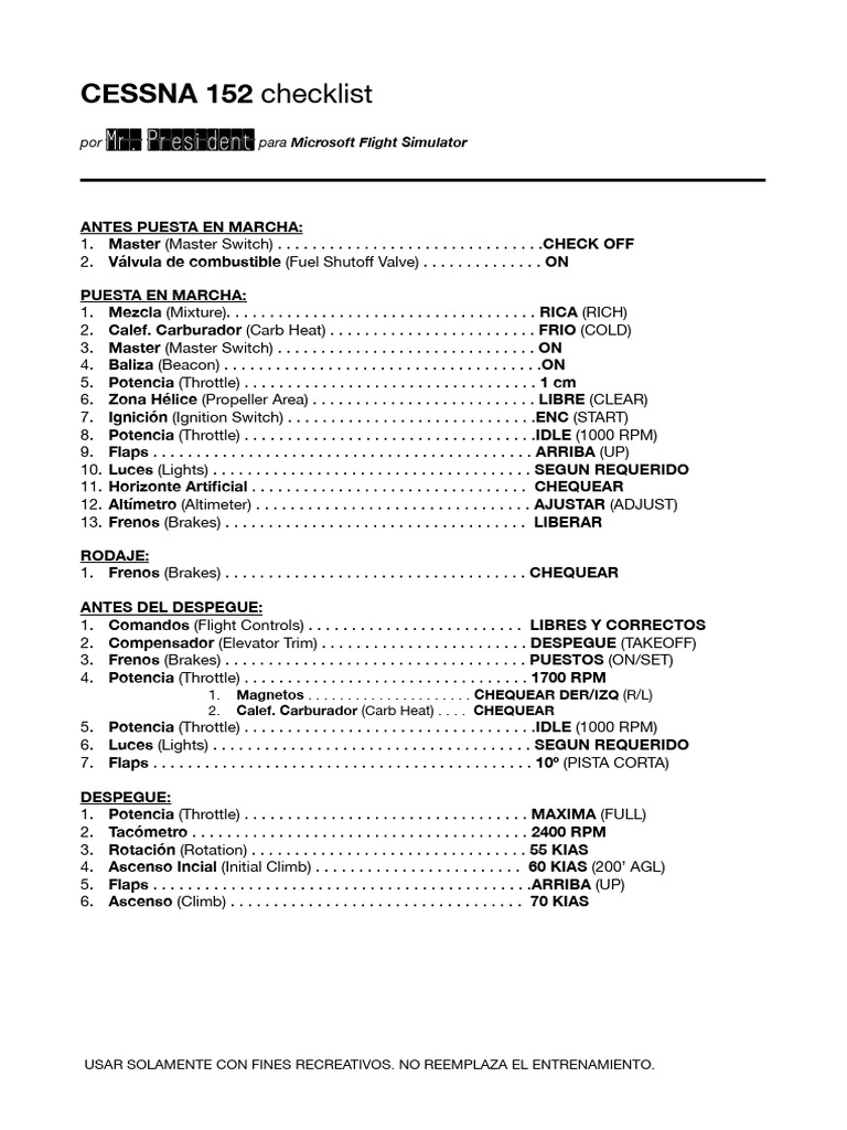 C152 CHECKLIST by MrPresident | PDF | Partes de vehículo | Ingeniería ...