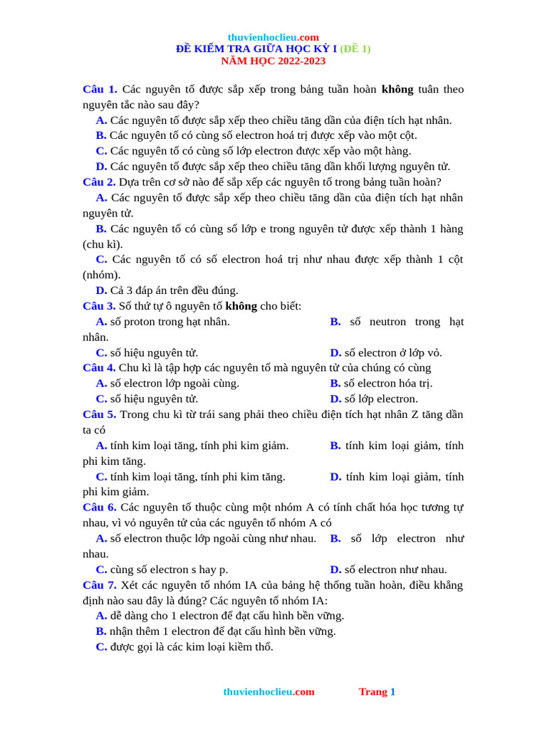 Bo de Thi Giua HK1 Hoa 10 KNTT Co Dap An | PDF