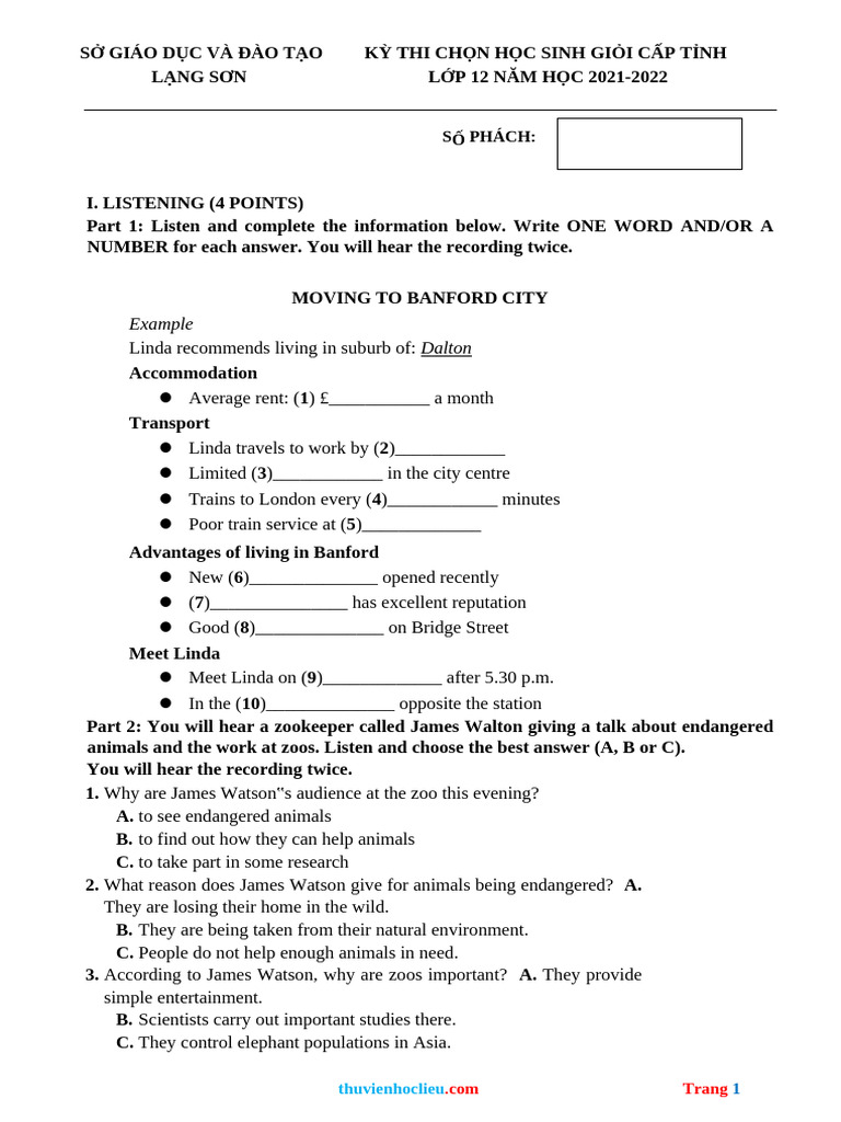 De Thi HSG Tieng Anh 12 So GD Lang Son 21 22 Co Dap An | PDF | Desert | Water