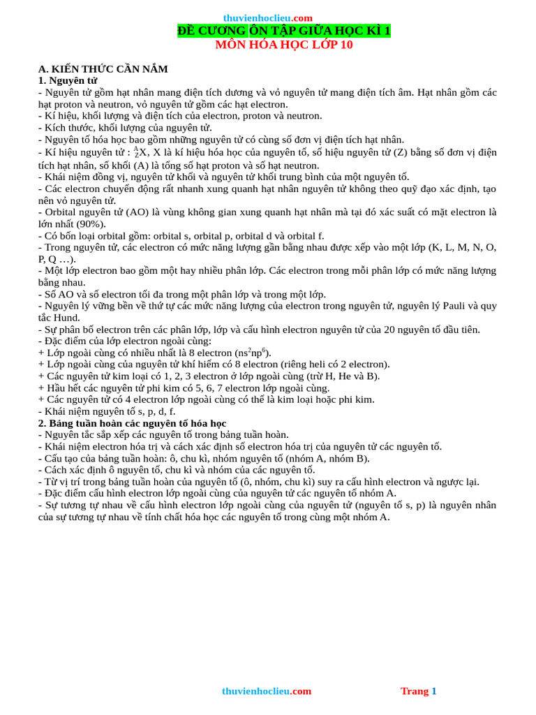 De Cuong On Tap Giua HK1 Hoa 10 KNTT CTM | PDF