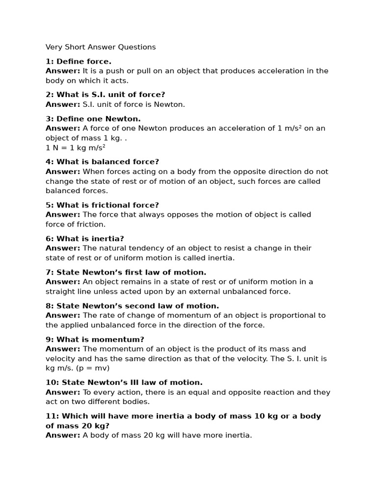 Very Short Answer Questions On Force and Motion | PDF | Force | Inertia