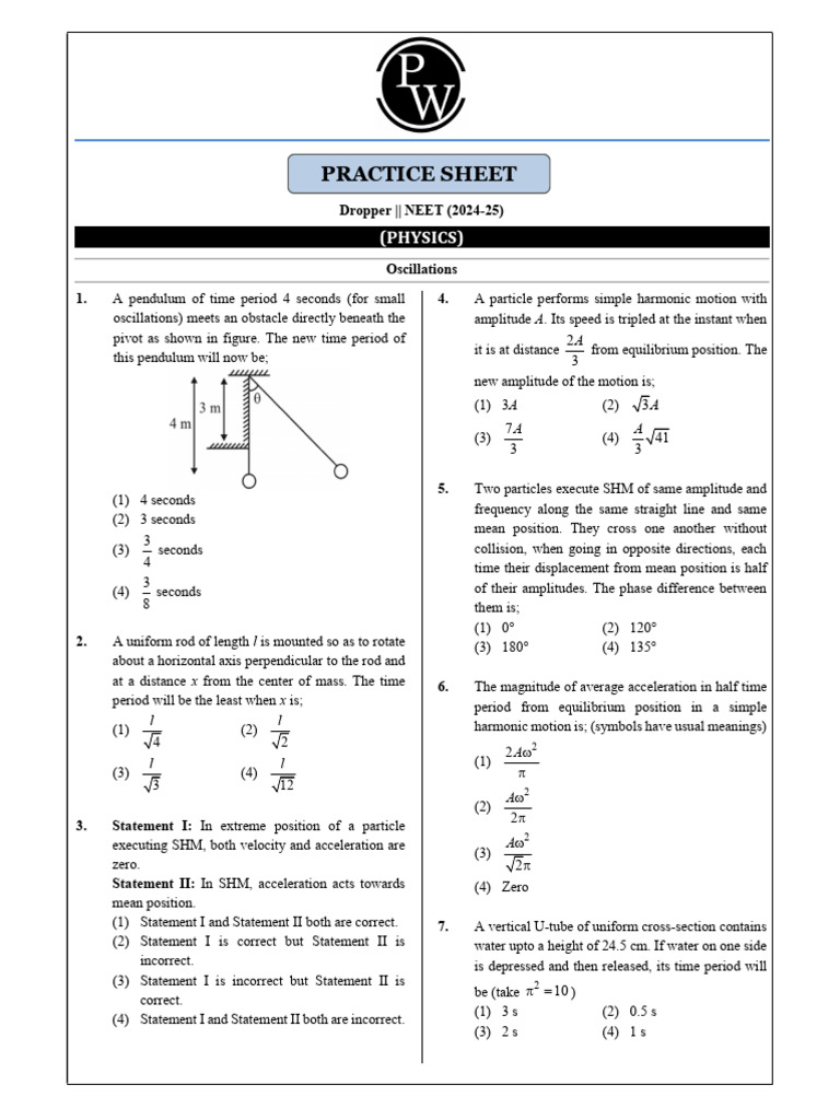 Oscillations - Practice Sheet | PDF | Oscillation | Physics