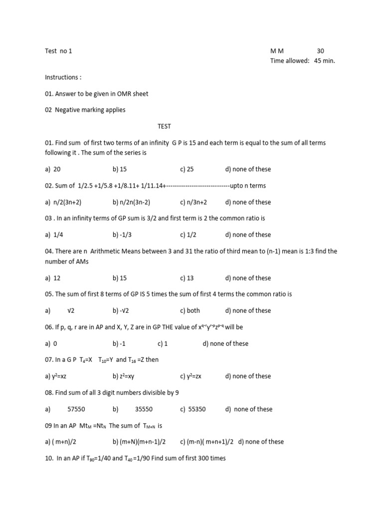 Math Test: Series and Sequences | PDF | Mean | Mathematical Objects