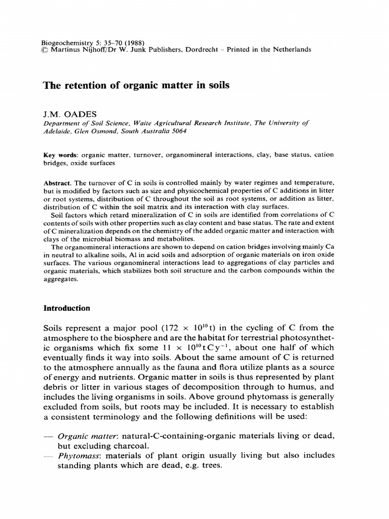 Grupo 10 Oades,1988 Article TheRetentionOfOrganicMatterInS | PDF | Soil ...