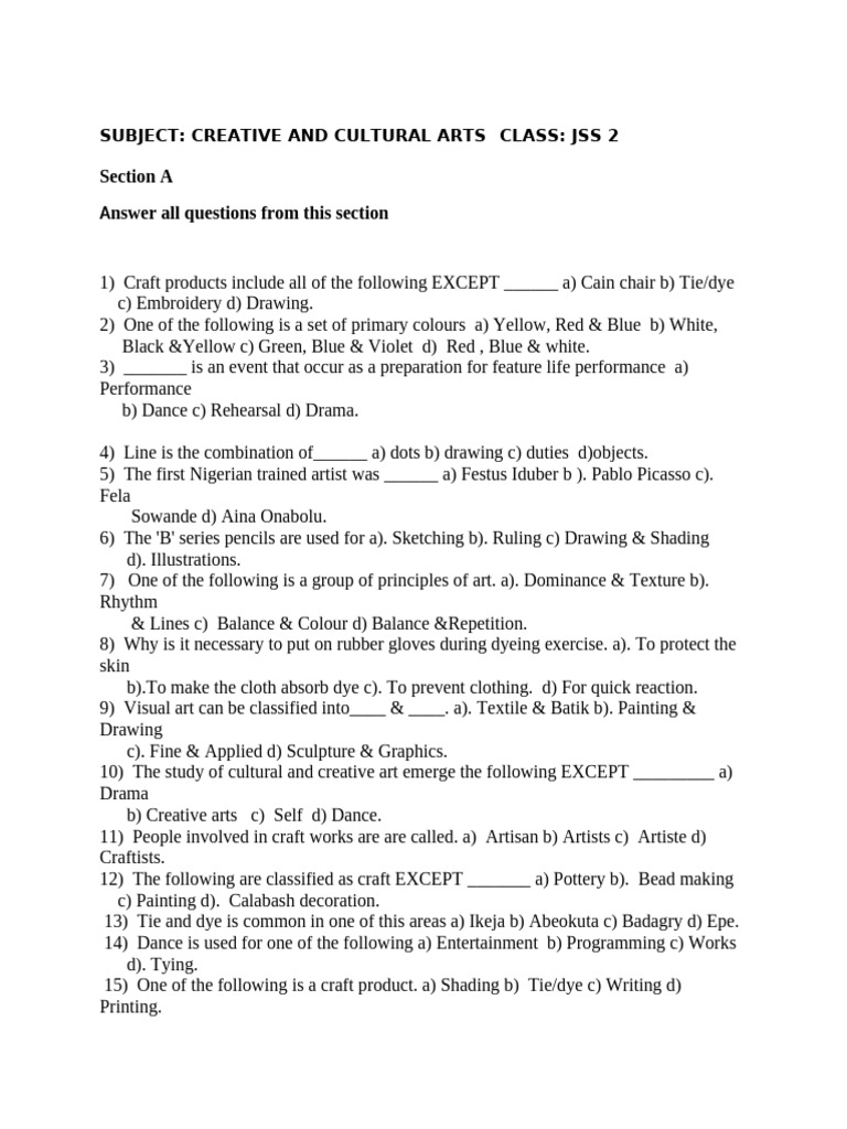JSS 2 Creative Arts Quiz | PDF