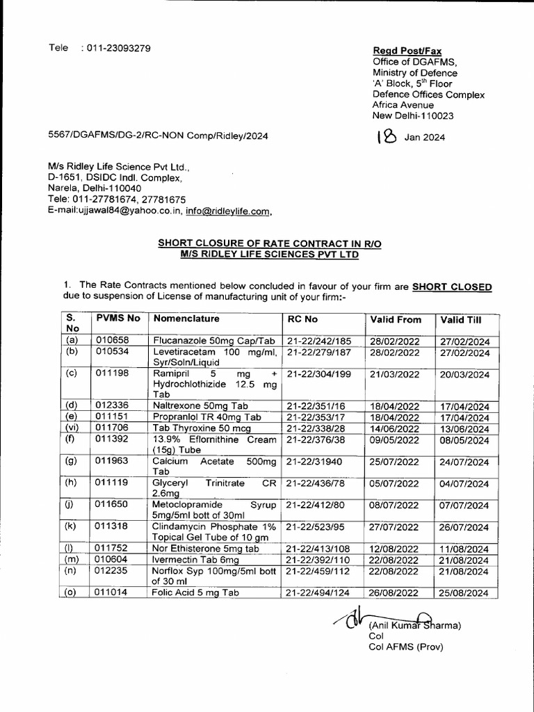Ridley Shortclosed Rate Contracts | PDF