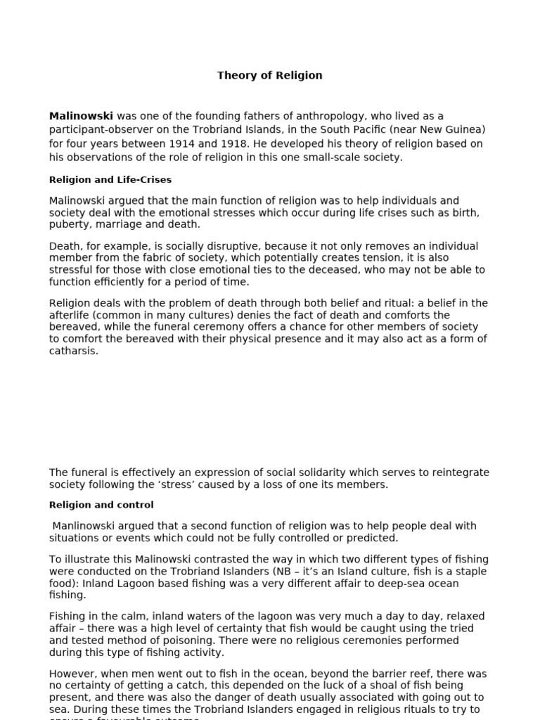 Malinowski's Theory of Religion Explained | PDF | Behavioural Sciences ...