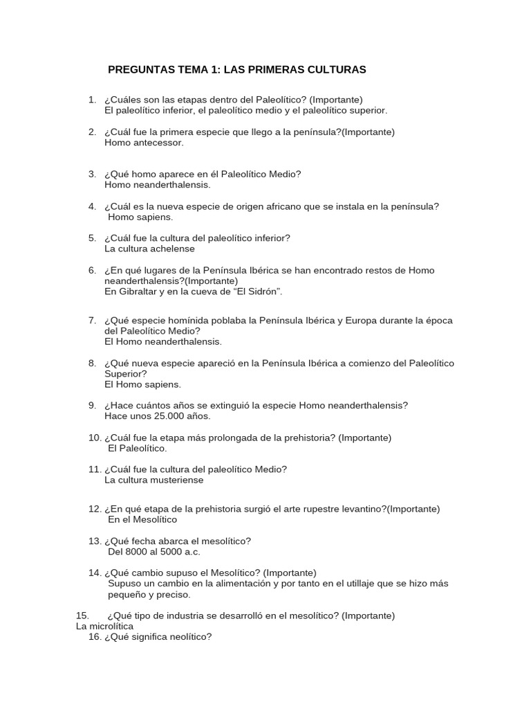 Preguntas cortas tema 1 | PDF | Edad de Bronce | neanderthal