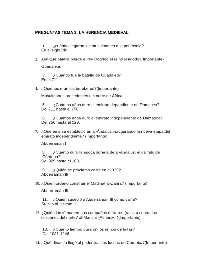Preguntas cortas tema 3 | PDF | Al Andalus