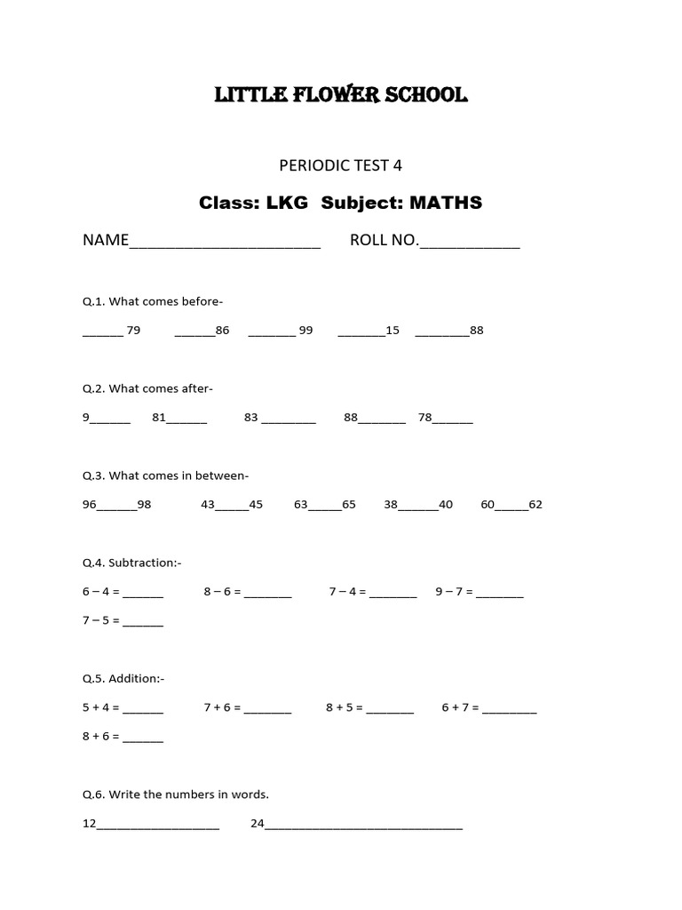 LKG Maths Periodic Test 4 | PDF