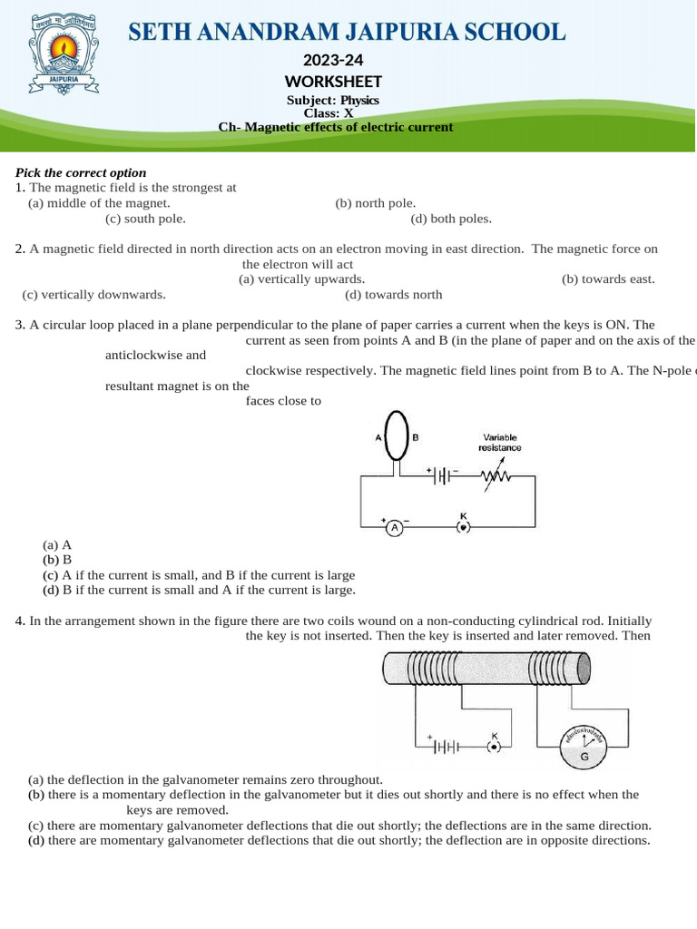 GZB - X - WS - Physics - CH12 - Magnetic Effects of Electric Current ...