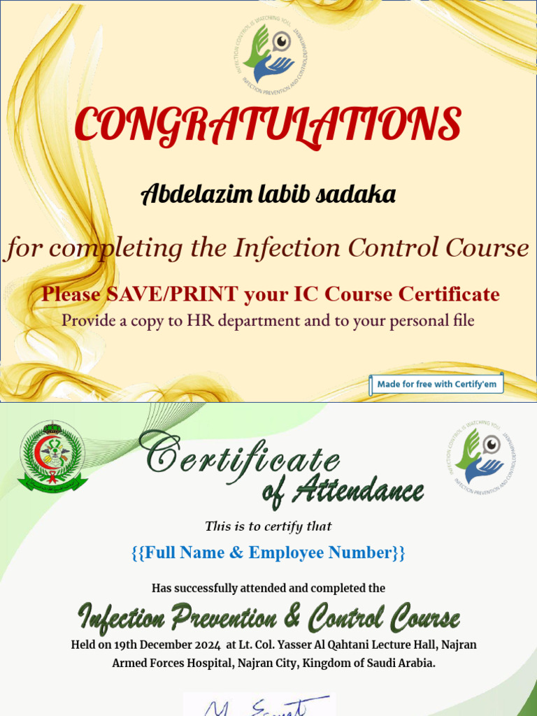 Certificate For Abdelazim Labib Sadaka For - INFECTION CONTROL COURSE CE... | PDF