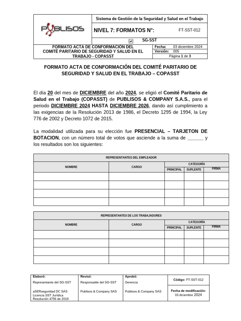 1.1.6 - FT-SST-012 Formato de Acta de Conformación Del COPASST | PDF | Gobierno