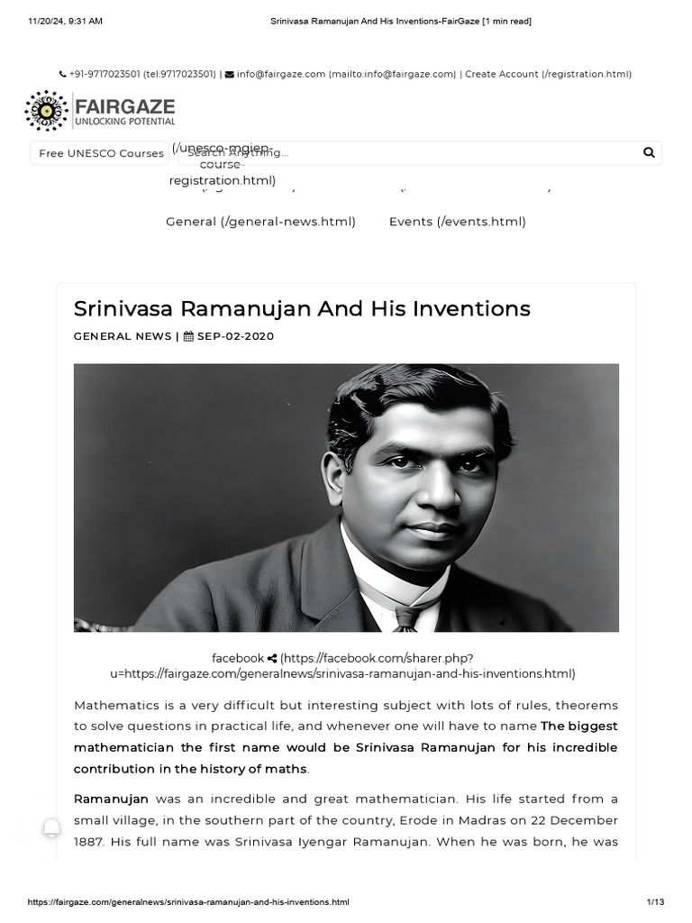 Srinivasa Ramanujan And His Inventions-FairGaze [1 min read] | PDF ...