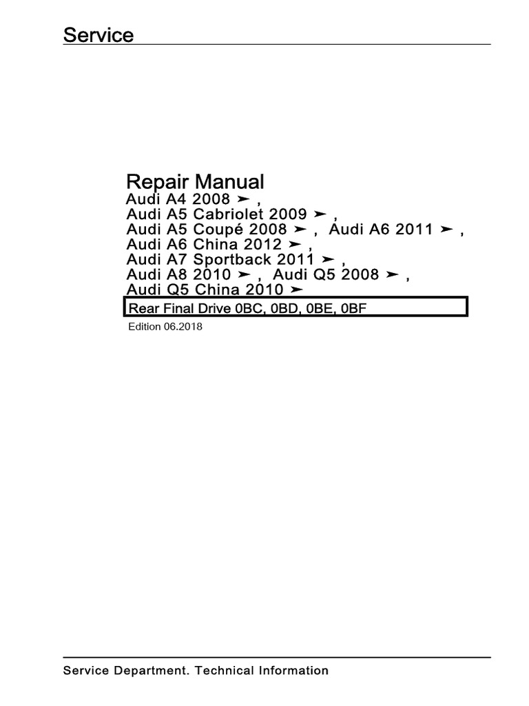 q5 Rear Final Drive 0bc 0bd 0be 0bf Repair Manual Eng | PDF | High ...