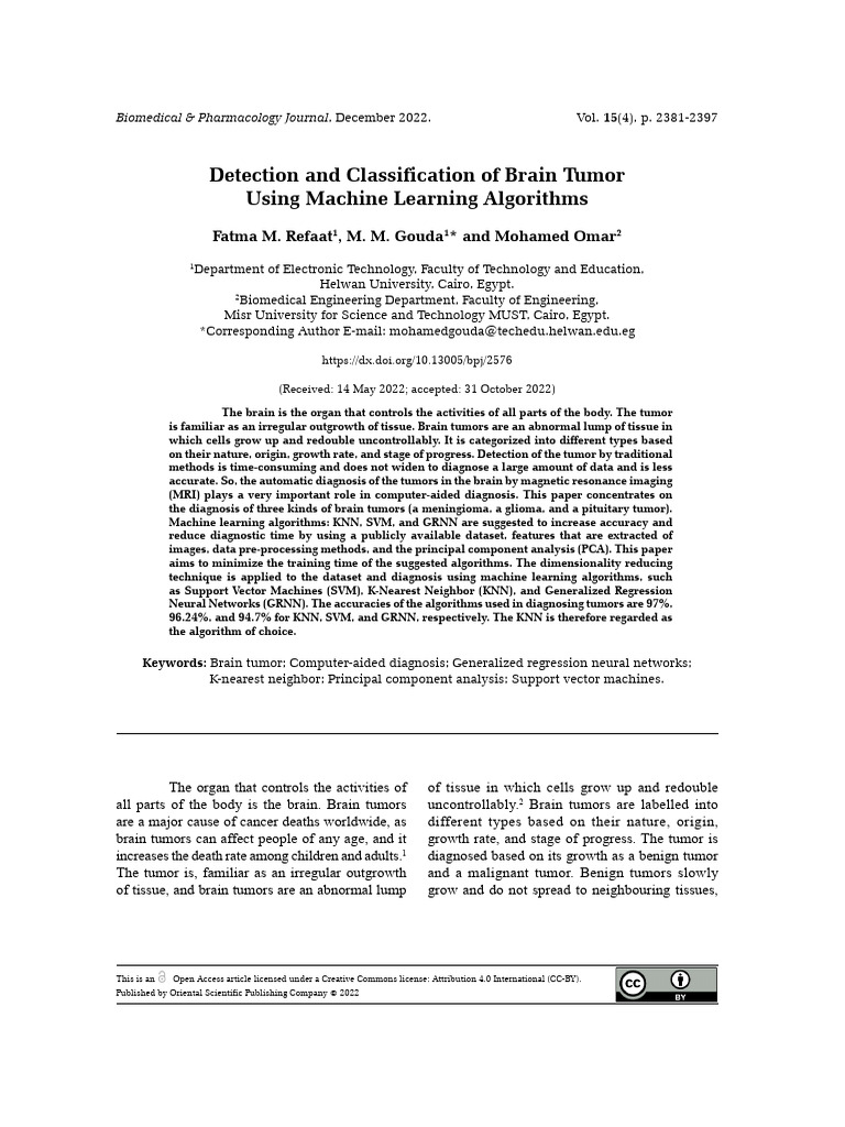 Detection and Classification of Brain Tumor Using Machine Learning Algorithms | PDF | Support ...