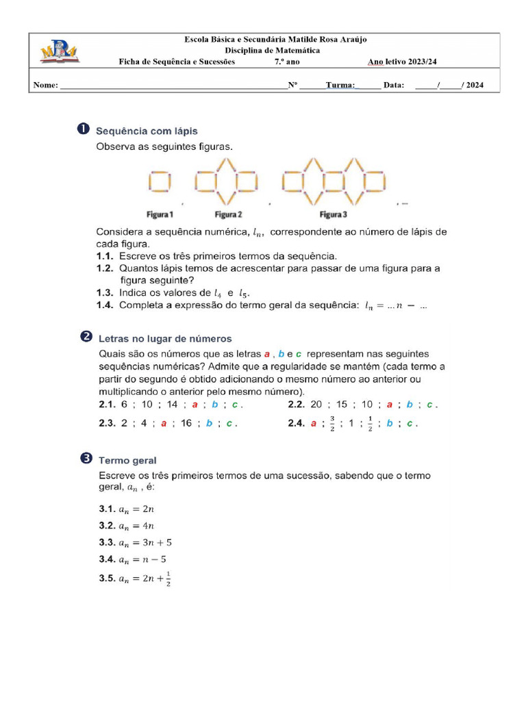 Ficha 7 Ano Sequencias | PDF