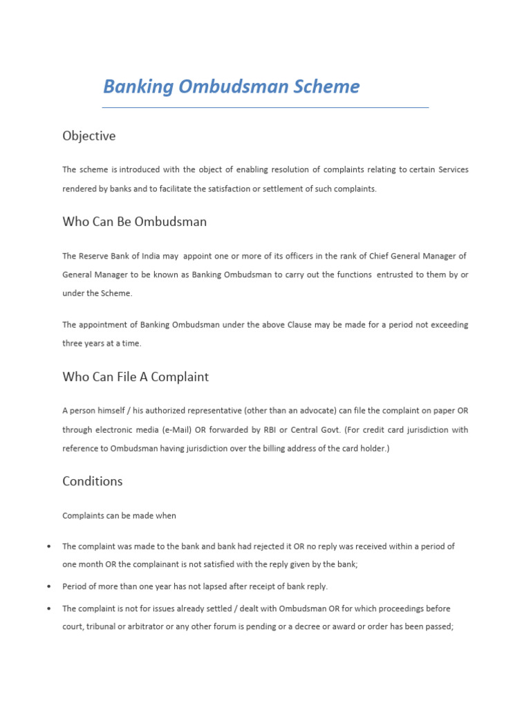 Banking Ombudsman Scheme | PDF | Banks | Complaint