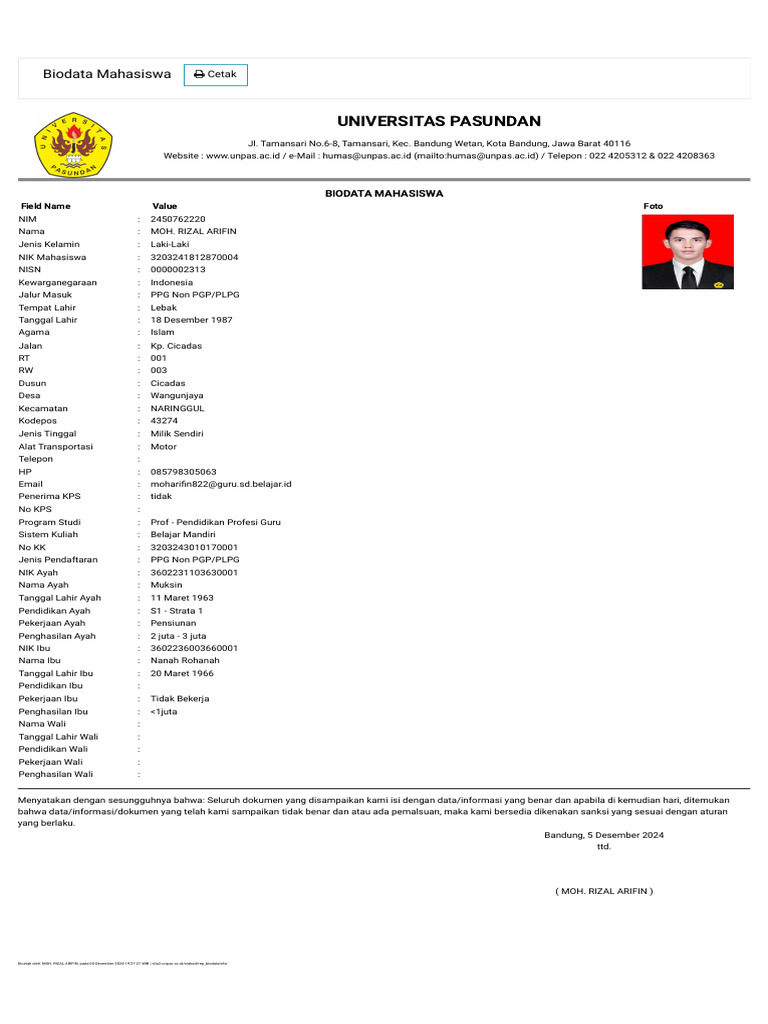Biodata Mahasiswa | PDF