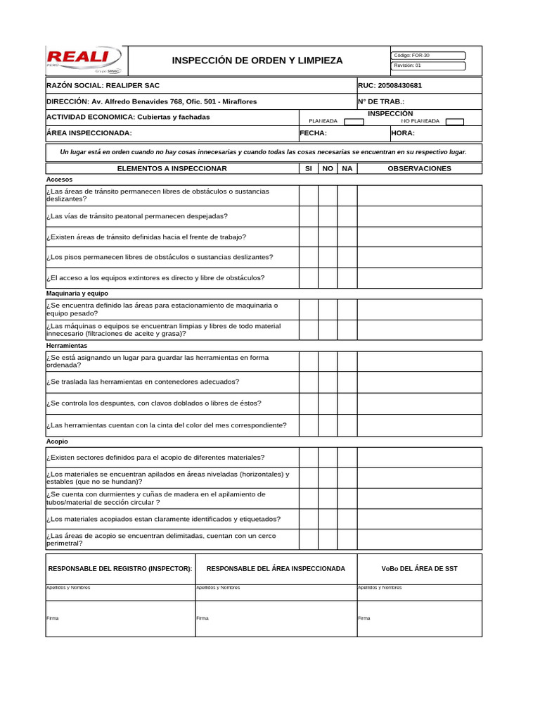 FOR-30 Inspección de orden y limpieza | PDF