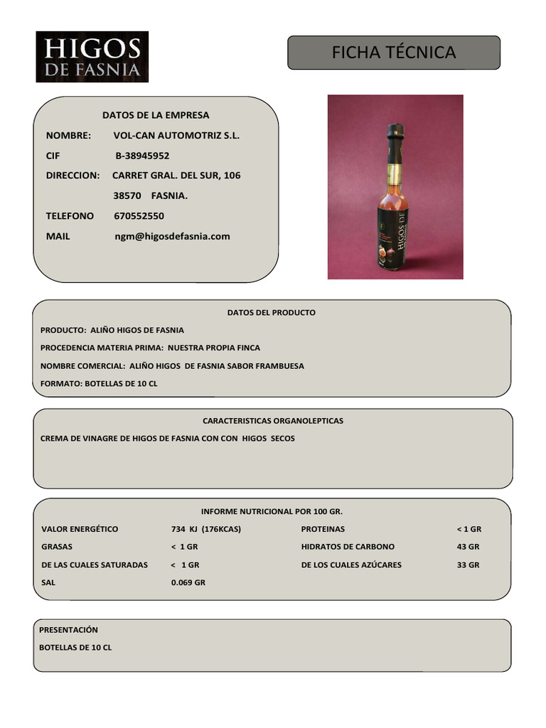 FICHA TECNICA ALIÑO HIGOS DE FASNIA SABOR HIGOS_(copy) | PDF