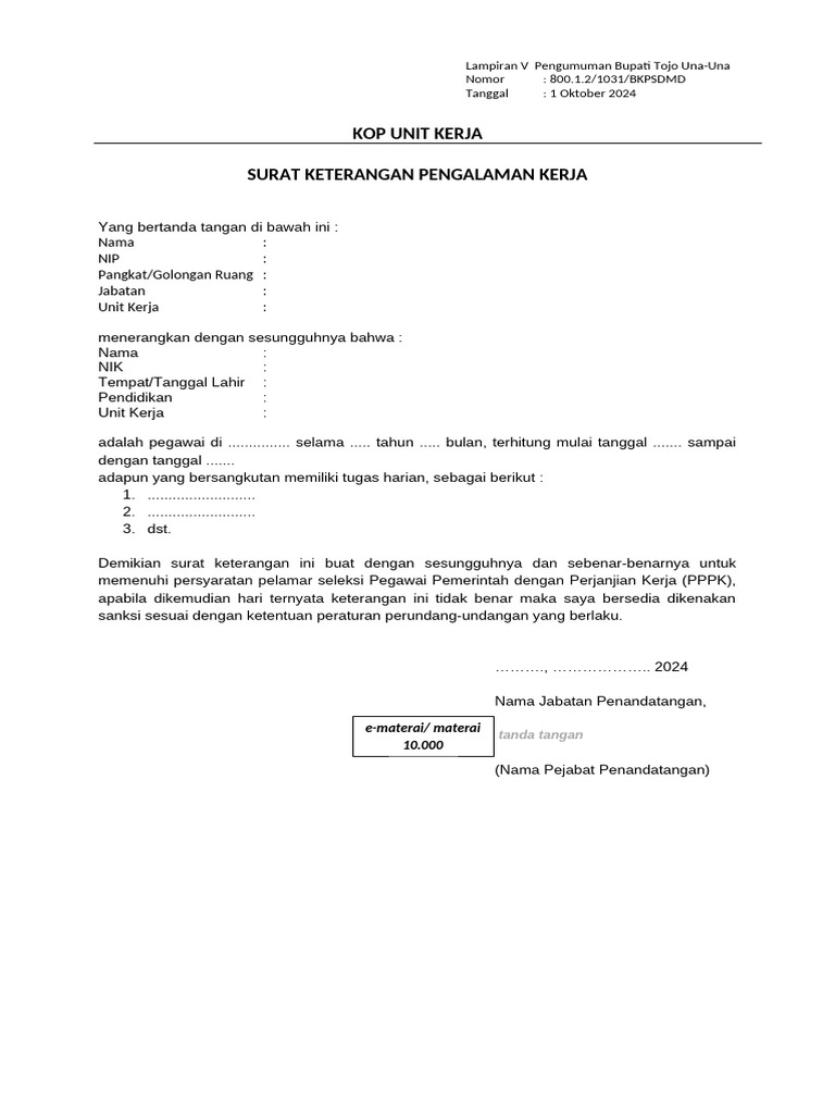 Lampiran V Format Surat Keterangan Pengalaman Kerja | PDF