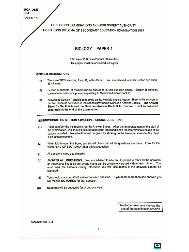 2024 HKDSE Bio Paper 1 | PDF