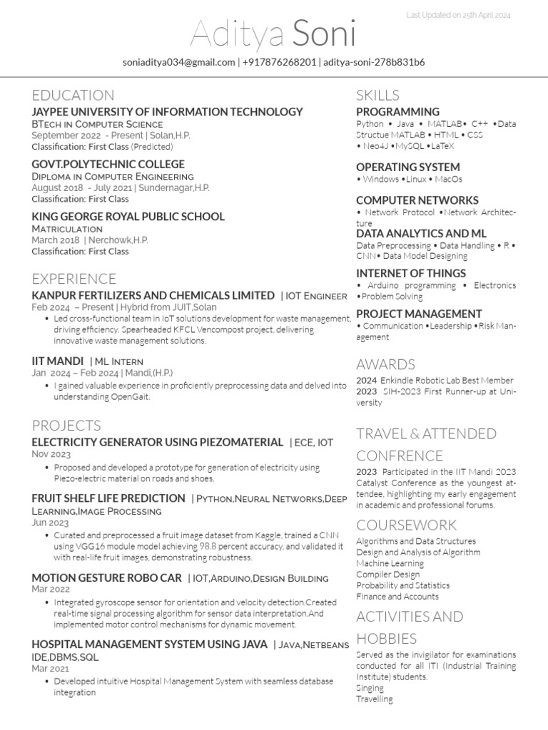 resume aditya | PDF | Internet Of Things | Databases