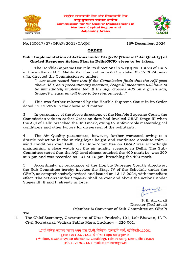 GRAP Order Stage IV DT 16122024 | PDF | New Delhi | Delhi
