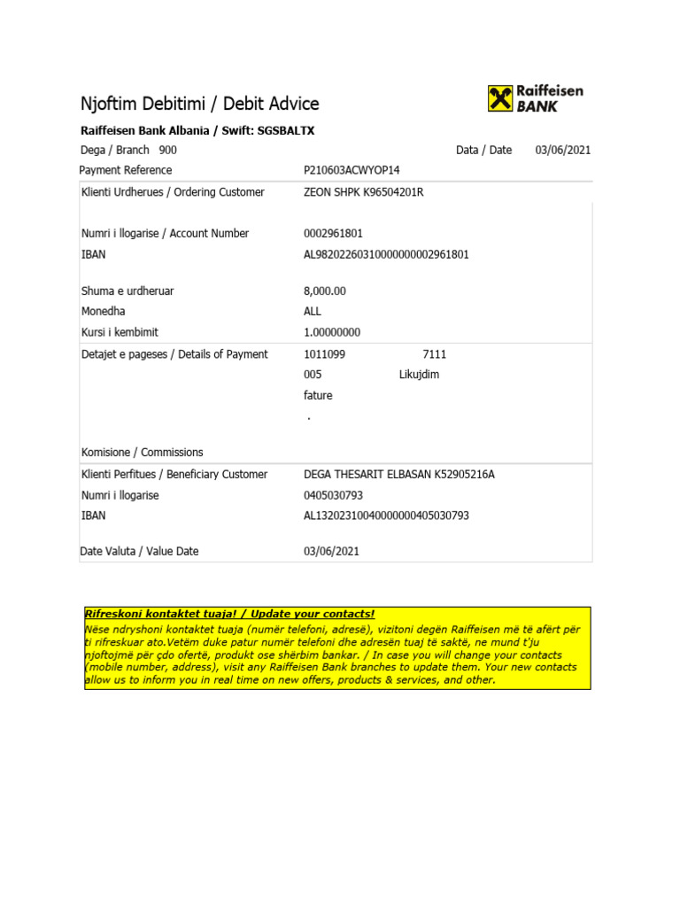 Njoftim Debitimi / Debit Advice: Raiffeisen Bank Albania / Swift ...
