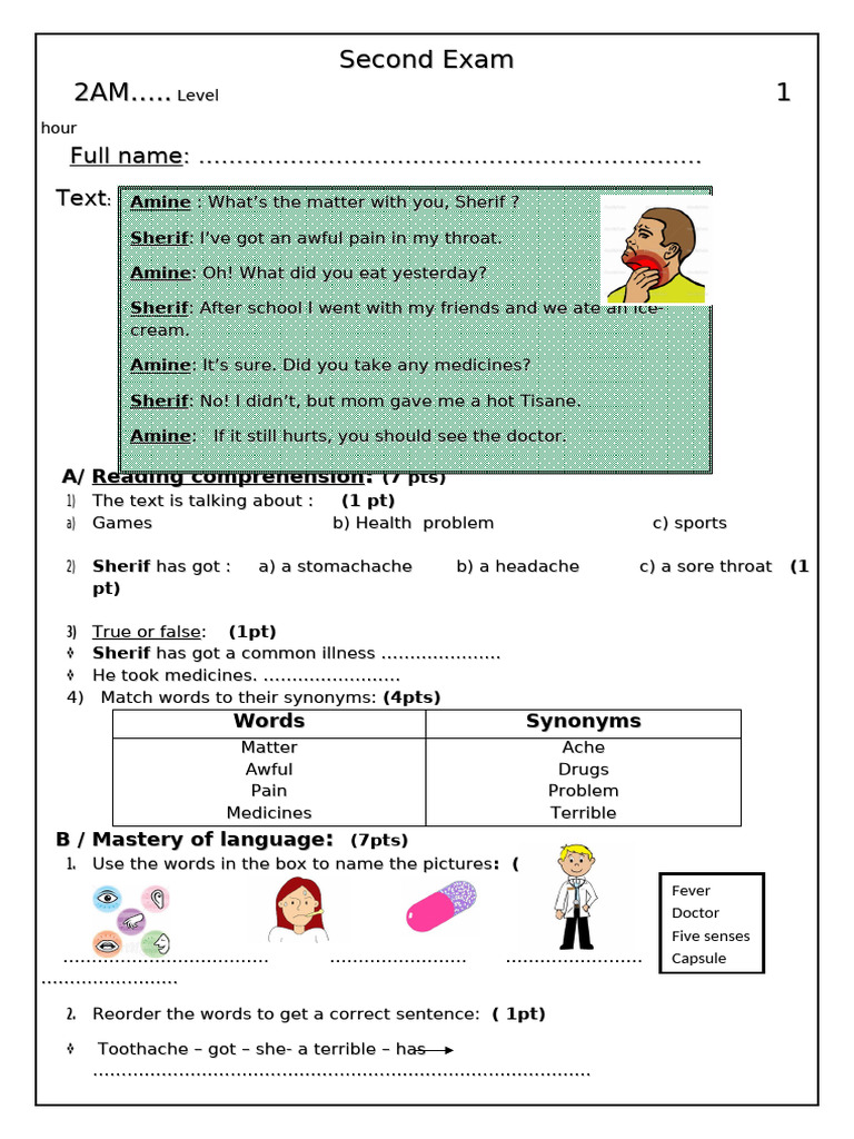 Health Problems Reading Comprehension Exercises Tests Writing Crea ...