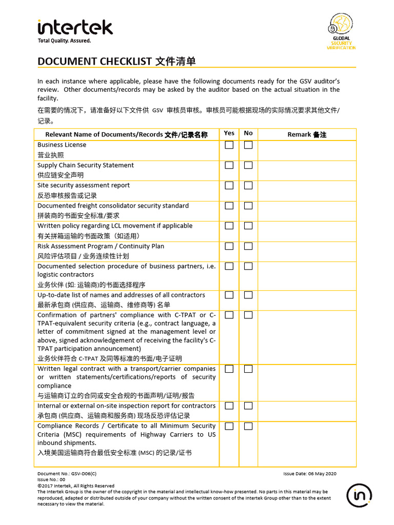 GSV Audit Document Check List | PDF | Cargo | Audit